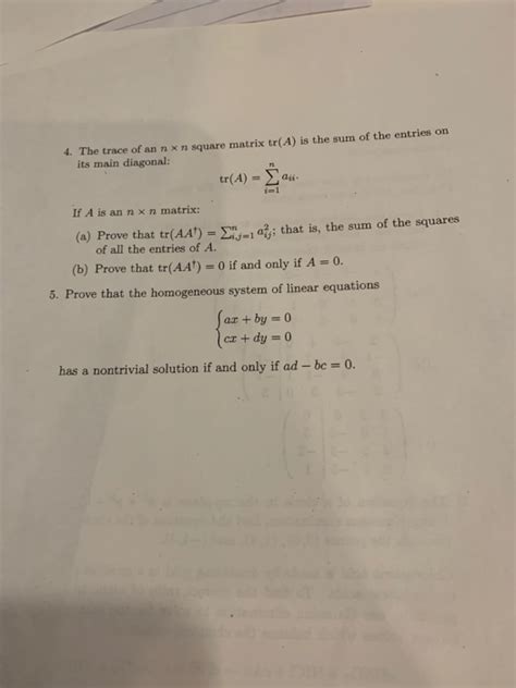 Solved The Trace Of An Nxn Square Matrix Tr A Is The Sum Chegg