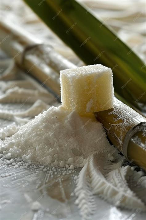 A Sugarcane Stalk Next To Sweet Sugar Cube And Powder Premium Ai Generated Image