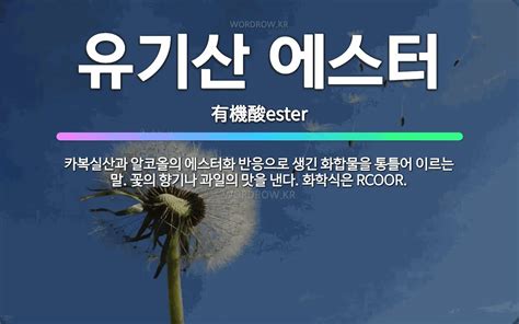 🌟유기산 에스터 카복실산과 알코올의 에스터화 반응으로 생긴 화합물을 통틀어 이르는 말 꽃의 향기나 과일 표준국어대사전