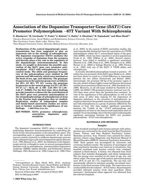 Pdf Association Of The Dopamine Transporter Gene Dat1 Core Promoter