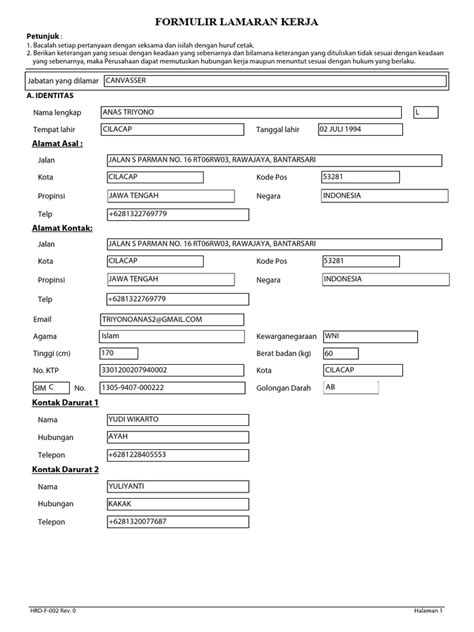 Formulir Lamaran Kerja Pdf