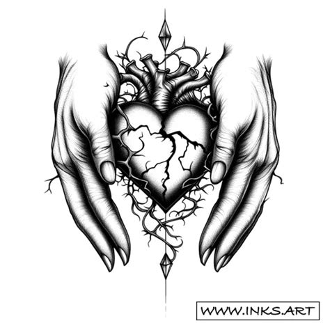 Tattoo Design Broken Heart With Thorny Vines Shadow Figures Style