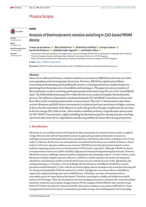 Analysis Of Thermodynamic Resistive Switching In Zno Based Rram Device Request Pdf