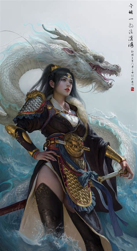 Fantasy Girl Women Water Dress Drawing Loong Chinese Dragon Dark