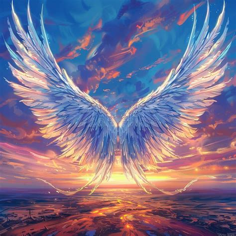 Angel Wings Spreading Majestically Against A Sunset Background