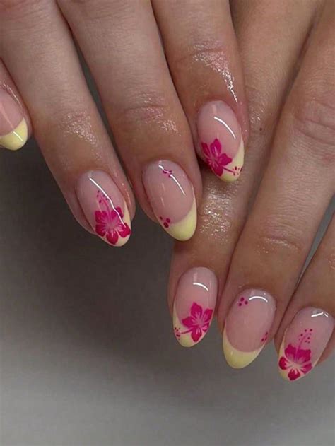 Cute Acrylic Nails With Pink And Yellow Flowers