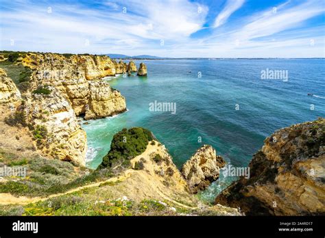 Scenic Natural Landscape Of Algarve Coastline Near Lagos With Cliffs