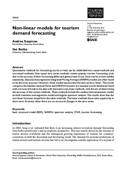 Pdf Non Linear Models For Tourism Demand Forecasting