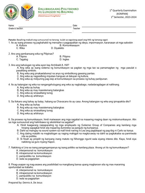 Kompan Final Term Test Sir Dennis Pdf