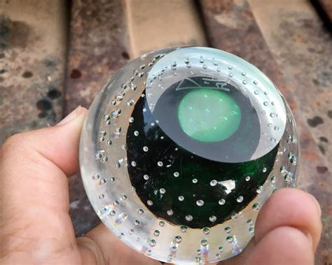 Vintage Controlled Bubbles Art Glass Paperweight Orb Green Center