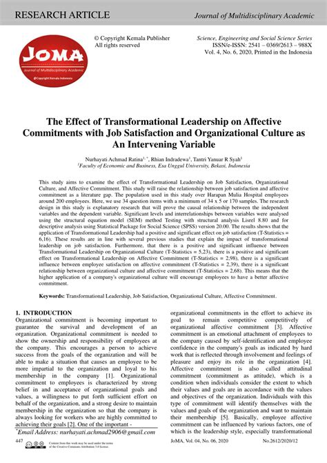 Pdf The Effect Of Transformational Leadership On Affective