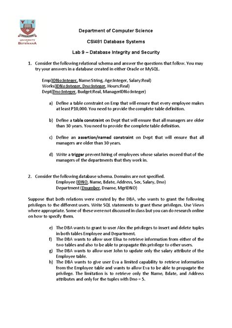 Csi481 Lab 9 Database Integrity And Security In Db Systems Studocu