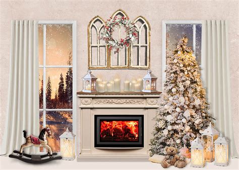 Avezano Christmas Tree Windows Fireplace Photography Backdrop Holiday