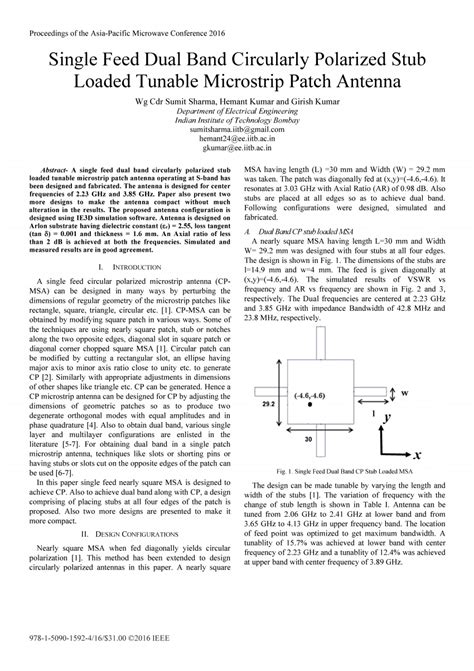 Pdf Single Feed Dual Band Circularly Polarized Stub Loaded Tunable Microstrip Patch Antenna
