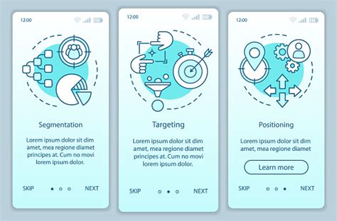 Stp 청록색 그라데이션 온보딩 모바일 앱 페이지 화면 벡터 템플릿 선형 일러스트레이션을 통해 시장 포지셔닝 연습 웹 사이트