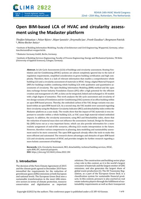 Pdf Open Bim Based Lca Of Hvac And Circularity Assessment Using The Madaster Platform
