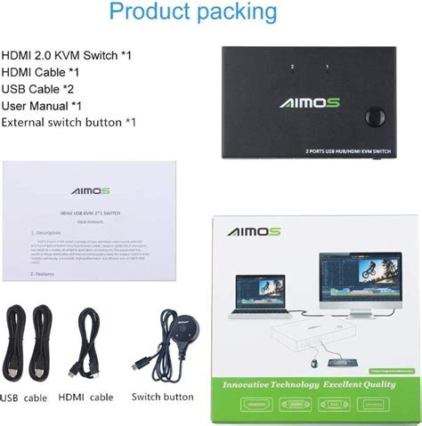 AIMOS KVM Switch USB Switch K HDMI Switcher Box In Out For Computers Share Keyboard And
