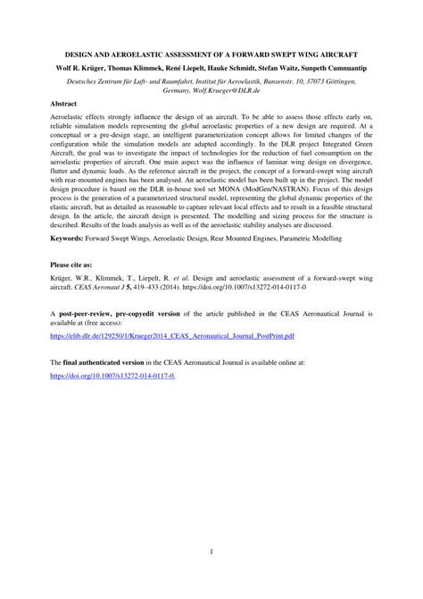Pdf Design And Aeroelastic Assessment Of A Forward Swept Wing Aircraft