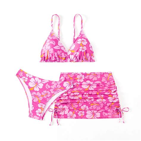（pre Order）girls Summer Floral Print Swimsuit 3 Pieces Set