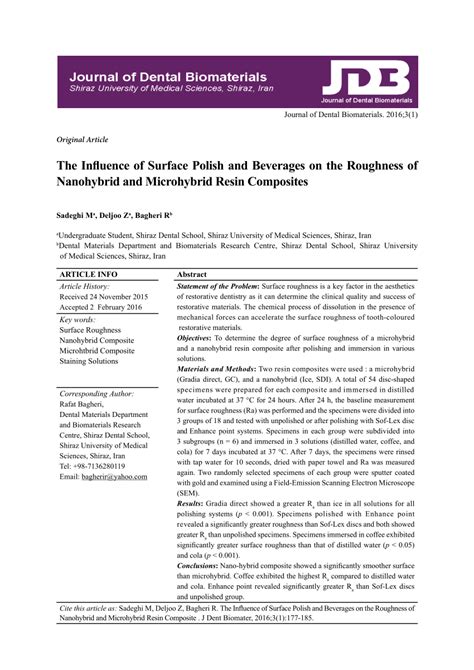 Pdf The Influence Of Surface Polish And Beverages On The Roughness Of Nanohybrid And