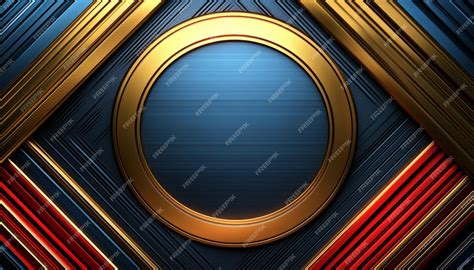 Golden Circle Frame On Blue And Red Striped Background Premium Ai Generated Image