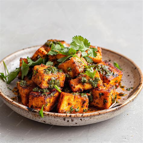 Premium Photo Traditional Indian Fried Paneer Cheese With Cilantro