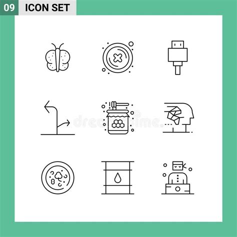 9 Thematic Vector Outlines And Editable Symbols Of Food Traffic Devices Signs Arrows Stock