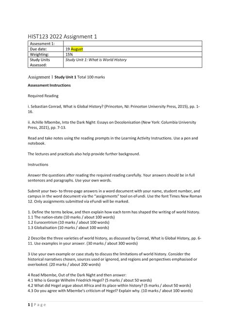 Kl Assignment Notes 1 P A G E Hist123 2022 Assignment 1