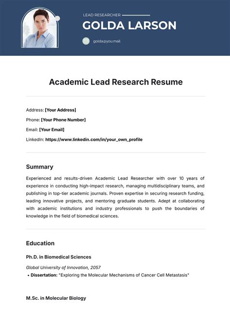 Free Academic Lead Research Resume Template To Edit Online