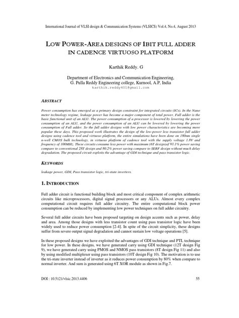 Low Power Area Designs Of 1bit Full Adder In Cadence Virtuoso Platform Download Free Pdf
