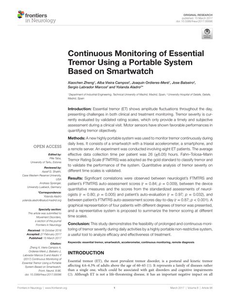 Pdf Continuous Monitoring Of Essential Tremor Using A Portable System Based On Smartwatch