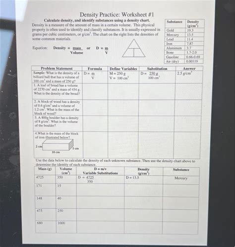 Solved Density Practice Worksheet 1 Calculate Density