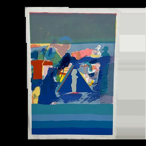 1960s Whimsical Modern Vintage Nude Art Blue Lithograph Ca Artist D