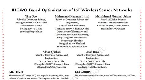 Ihgwo Based Optimization Of Iot Wireless Sensor Networks Proceedings Of The 19th Acm