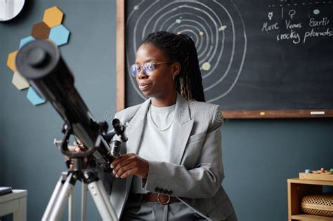 Woman Looks Through Telescope Stock Image Image Of Woman Looks Through