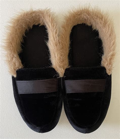 Womens Small Size 5 6 Black Velour Faux Fur Trimmed Mule Slippers Ebay