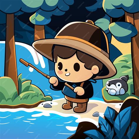 Niño De Dibujos Animados Pescando En Un Río Dibujado A Mano Icona De