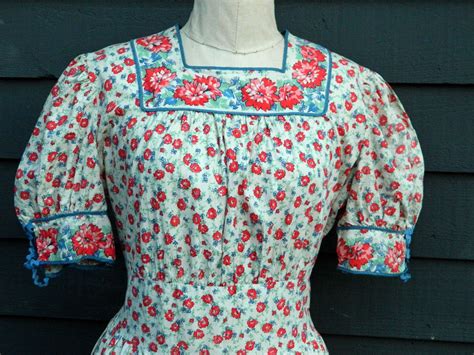 1940s Dress Floral Sundress Flour Feed Sack Coral Blue Rik Rak