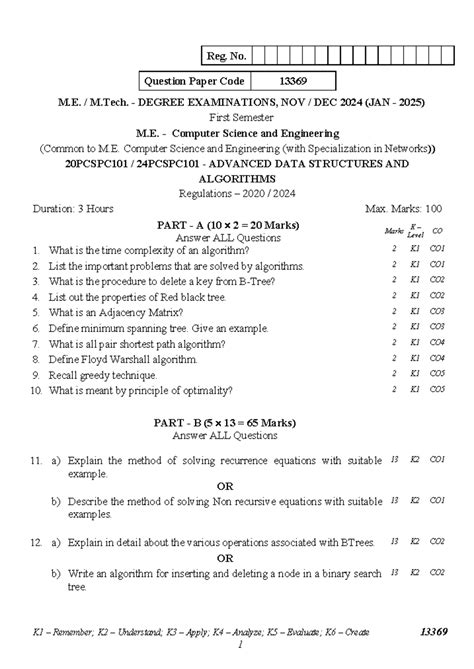 24pcspc101 Advanced Data Structures And Algorithms Exam Paper Studocu