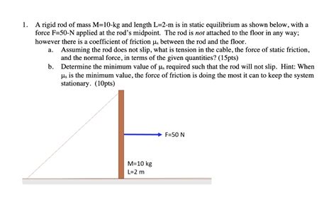 Solved A Rigid Rod Of Mass M 10 Kg And Length L 2 M Is In Static Equilibrium As Shown Below