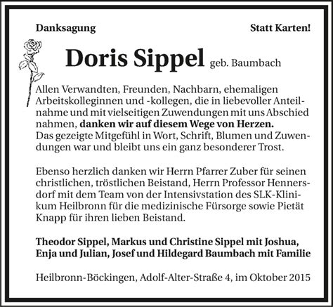 Traueranzeigen Von Doris Sippel Trauerundgedenken De