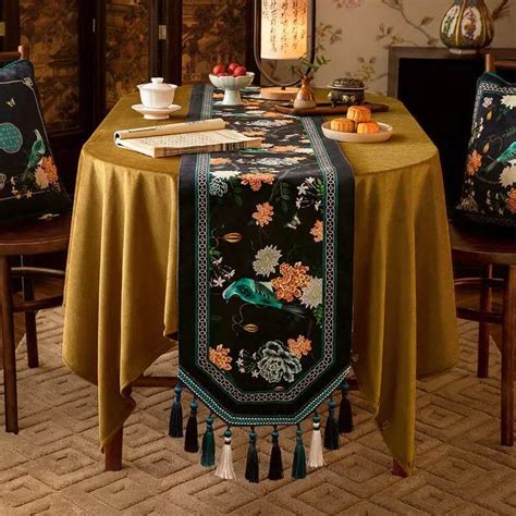 Chinoiserie Luxury Long Rectangular Black Floral Table Runner