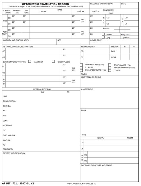 Af Form 1722 Optometric Examination Record Af Forms