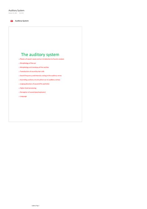 Auditory System Full Lecture Notes For The Auditory System Auditory System Auditory System