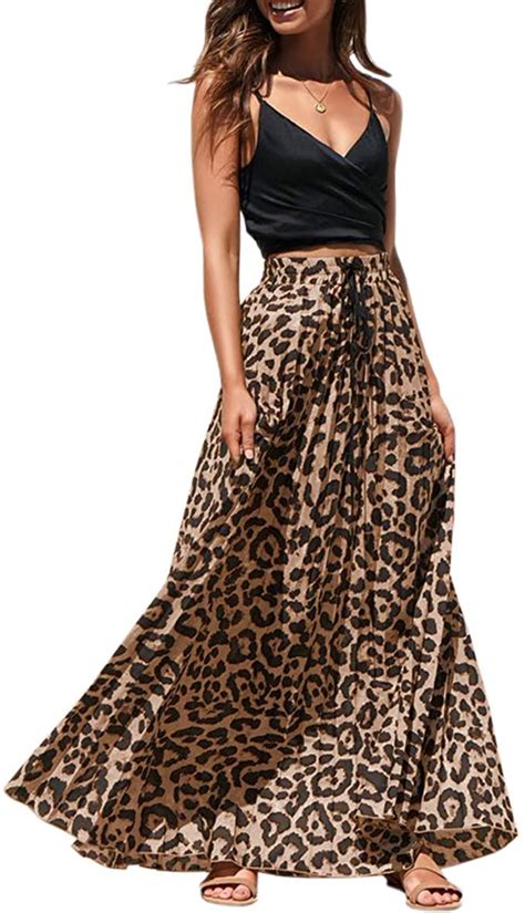 Womens Maxi Skirt Leopard Print Chiffon Beach Pleated High Waisted A