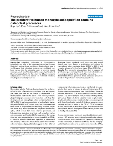 Pdf The Proliferative Human Monocyte Subpopulation Contains Osteoclast Precursors