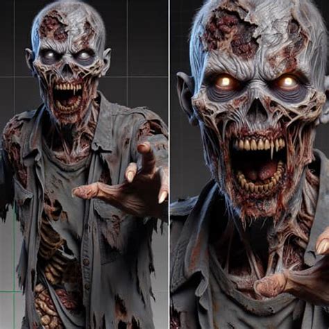 Realistic 3d Zombie With Green Skin Tattered Clothes And Intense
