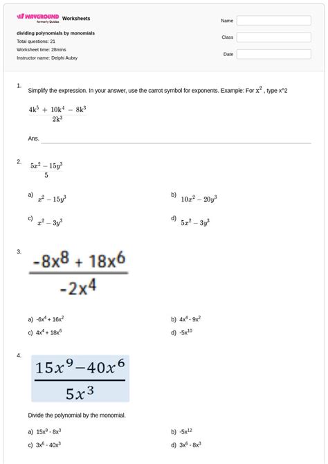 50 Dividing Monomials Worksheets For Class 12 On Wayground Free