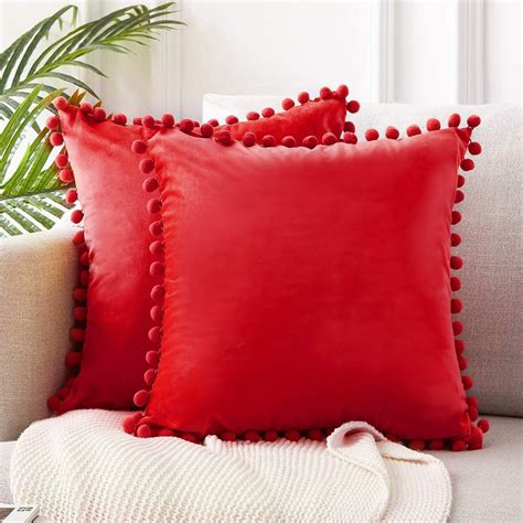Topfinel Solid Decorative Throw Pillow Covers With Pom Poms Square Soft Velvet Cushion Covers 16