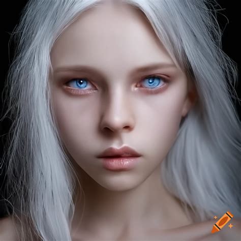 Close Up Of A Pale Girl With Blue Eyes And White Hair